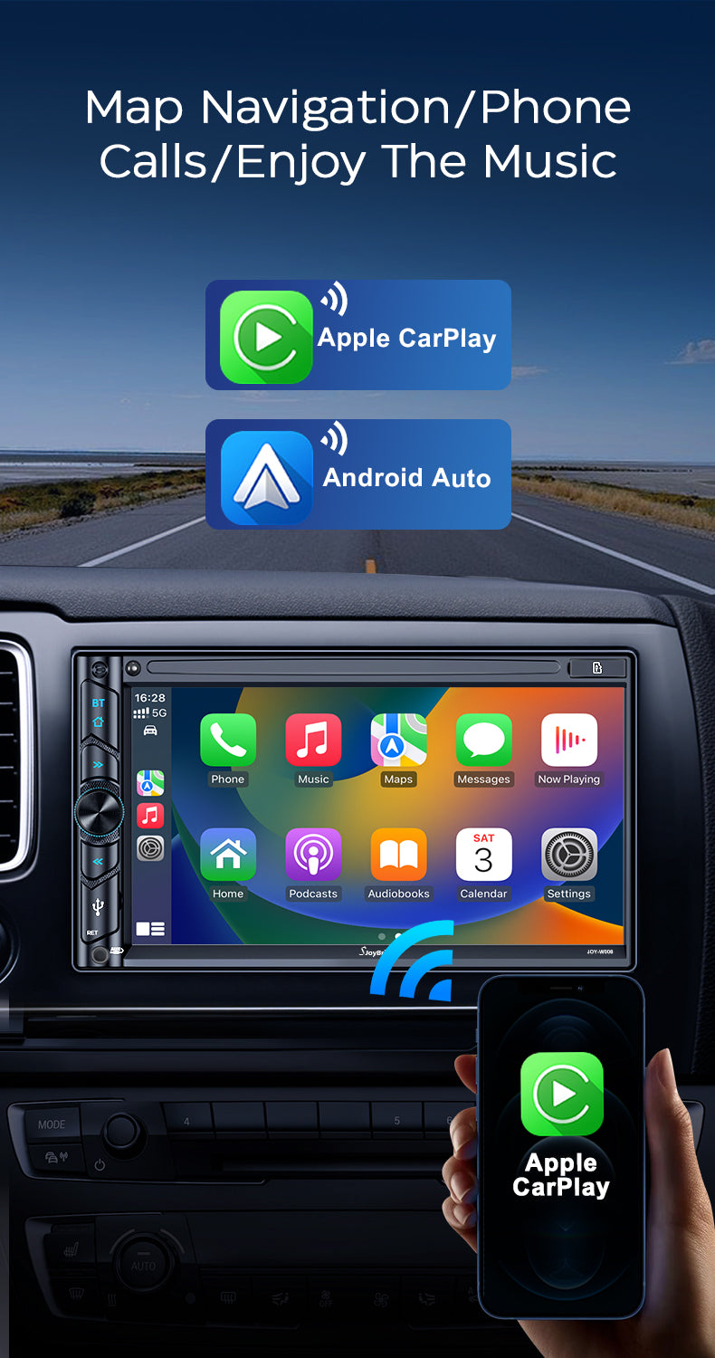 JOY-W006 - Double Din Car Stereo with Wireless Apple Carplay, Android – SJoyBring